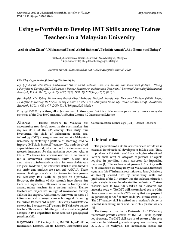 (PDF) Using e-Portfolio to Develop IMT Skills among Trainee Teachers in ...