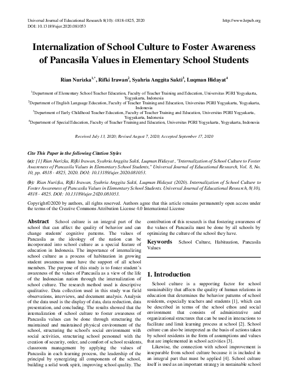 (PDF) Internalization of School Culture to Foster Awareness of ...