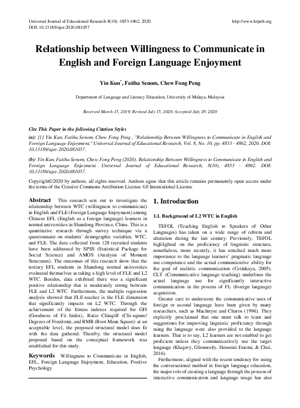 (PDF) Relationship between Willingness to Communicate in English and ...