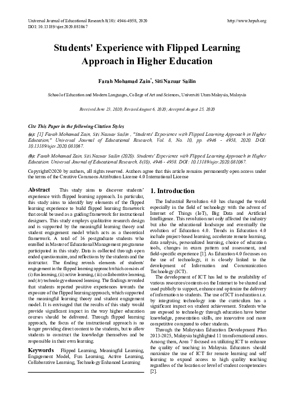 (PDF) Students' Experience with Flipped Learning Approach in Higher Education