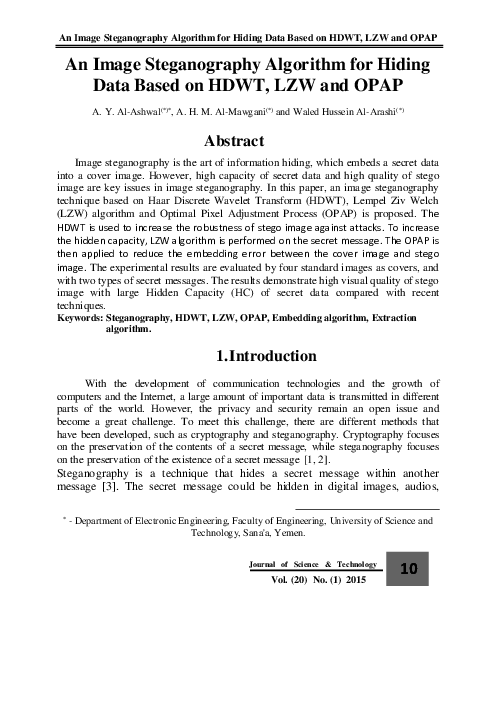 (PDF) An Image Steganography Algorithm for Hiding Data Based on HDWT, LZW and OPAP An Image ...