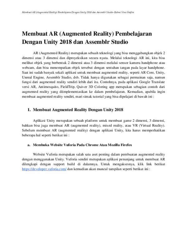 (PDF) Membuat AR Augmented Reality Pembelajaran Dengan Unity 2018 dan Assemblr Studio | Rahmi ...