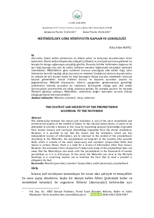 (PDF) MÂTÜRÎDÎLER'E GÖRE NÜBÜVVETİN KAPSAM VE GEREKLİLİĞİ / THE CONTENT ...