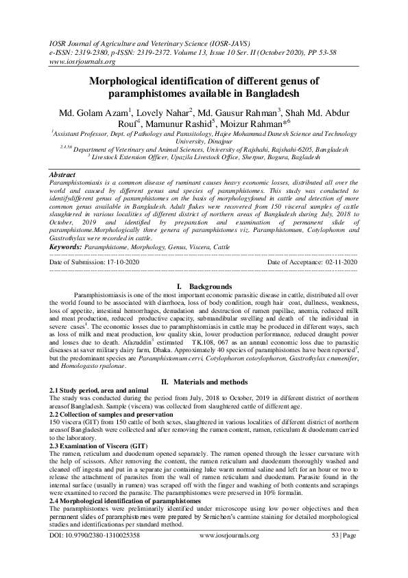 (PDF) Morphological identification of different genus of paramphistomes ...