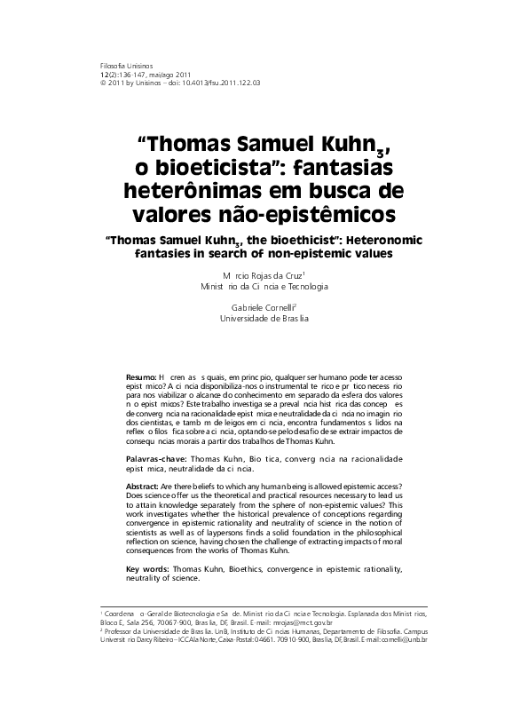 (PDF) Thomas Samuel Kuhn3, the bioethicist : Heteronomic fantasies in ...