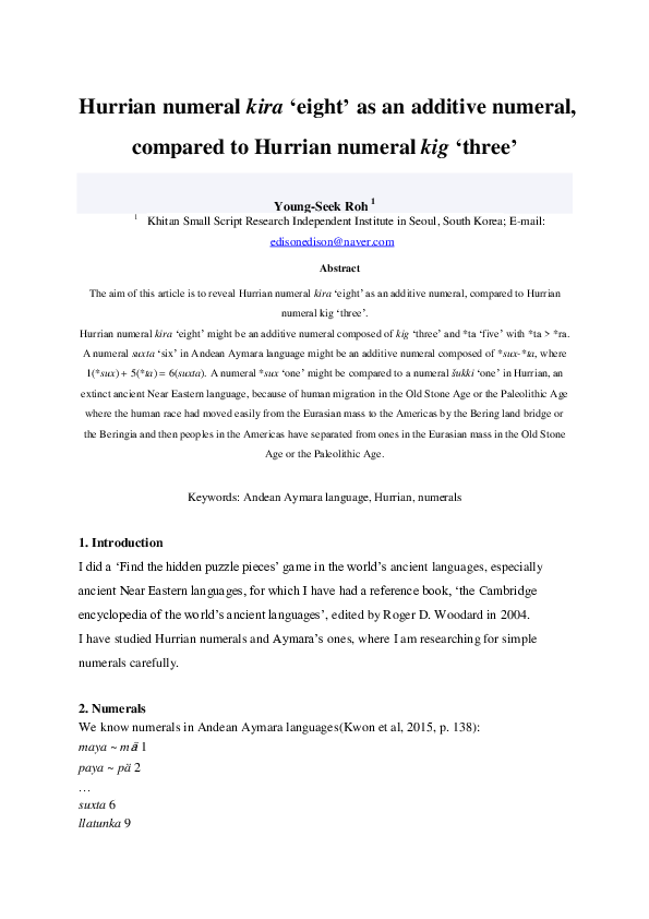(PDF) Hurrian numeral kira 'eight' as an additive numeral, compared to ...