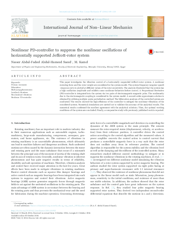 Pdf Nonlinear Pd Controller To Suppress The Nonlinear Oscillations Of Horizontally Supported