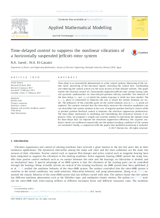 Pdf Time Delayed Control To Suppress The Nonlinear Vibrations Of A Horizontally Suspended