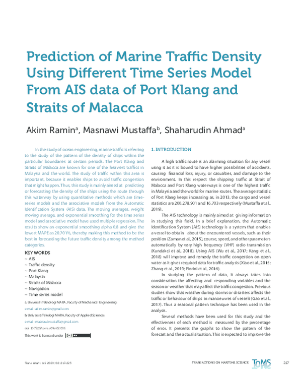 Pdf Prediction Of Marine Traffic Density Using Different Time Series Model From Ais Data Of