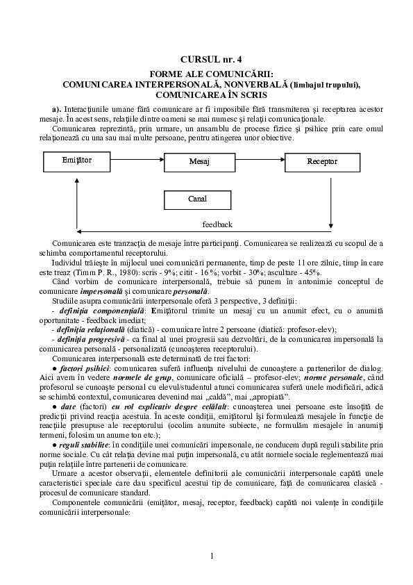 (DOC) CURSUL nr. 4 FORME ALE COMUNICĂRII: COMUNICAREA INTERPERSONALĂ, NONVERBALĂ (limbajul ...