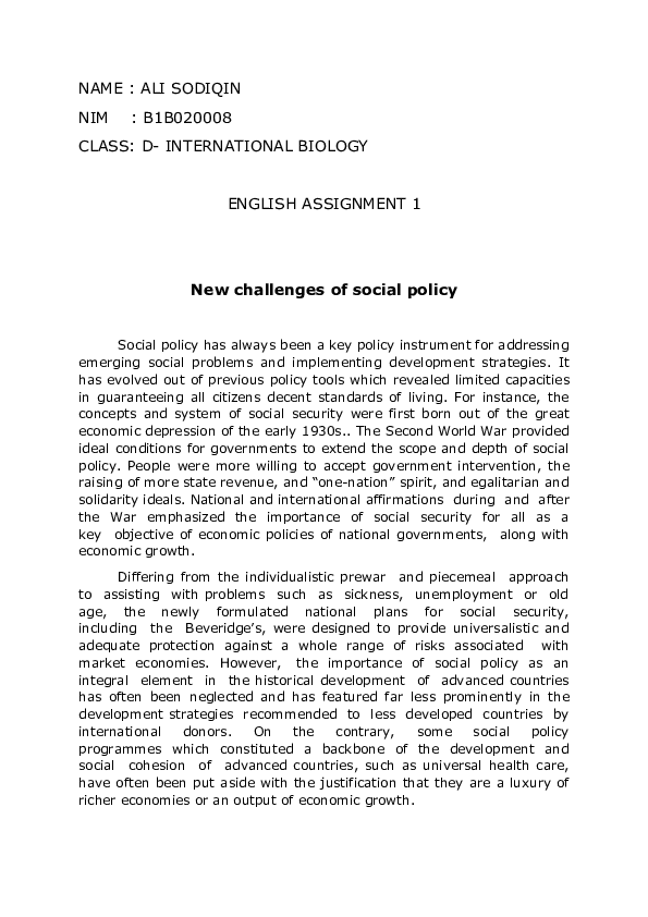 (DOC) Challenges of social policy