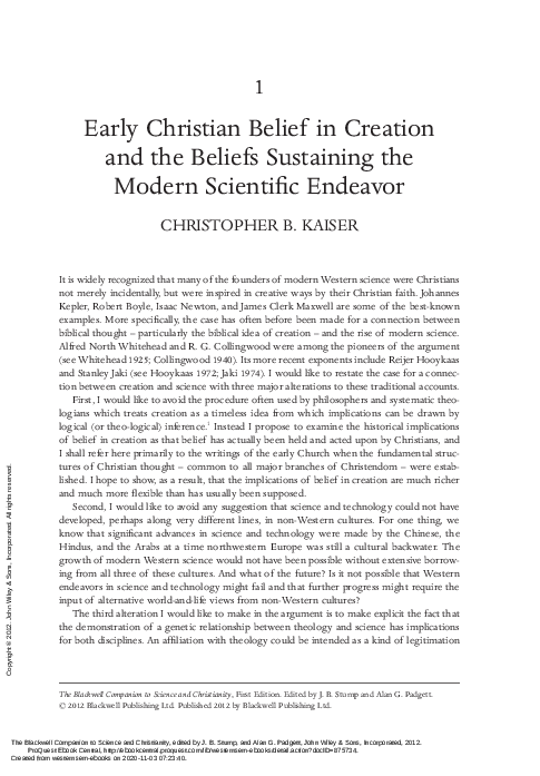 (PDF) Early Christian Belief in Creation and the Beliefs Sustaining the ...