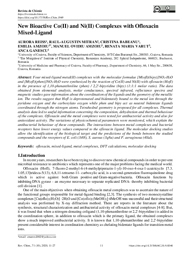(PDF) New Bioactive Co(II) and Ni(II) Complexes with Ofloxacin Mixed-Ligand
