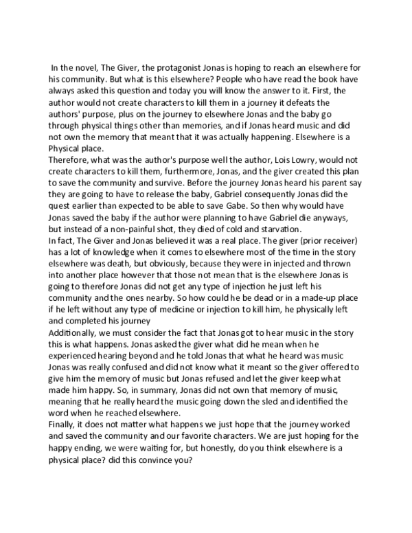 (DOC) The Giver Essay