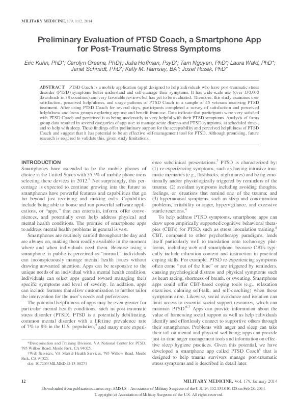 (PDF) Preliminary Evaluation of PTSD Coach, a Smartphone App for Post ...