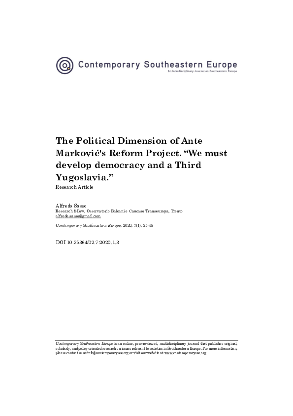(PDF) The Political Dimension of Ante Marković's Reform Project. "We ...