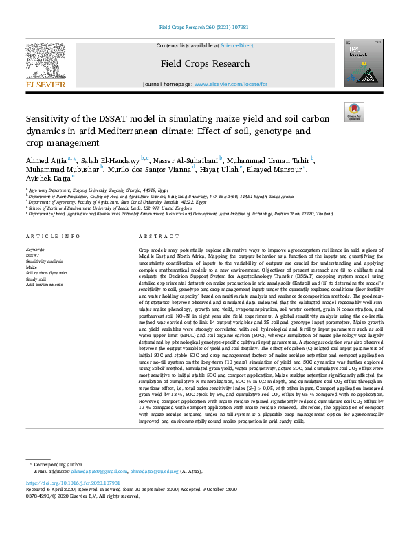 (PDF) Sensitivity of the DSSAT model in simulating maize yield and soil carbon dynamics in arid ...