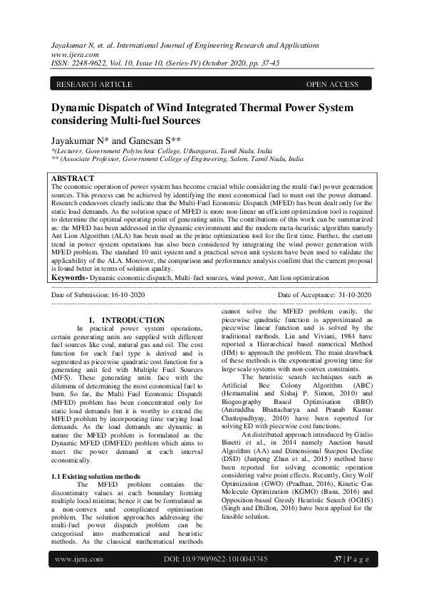 (PDF) Dynamic Dispatch of Wind Integrated Thermal Power System considering Multi-fuel Sources