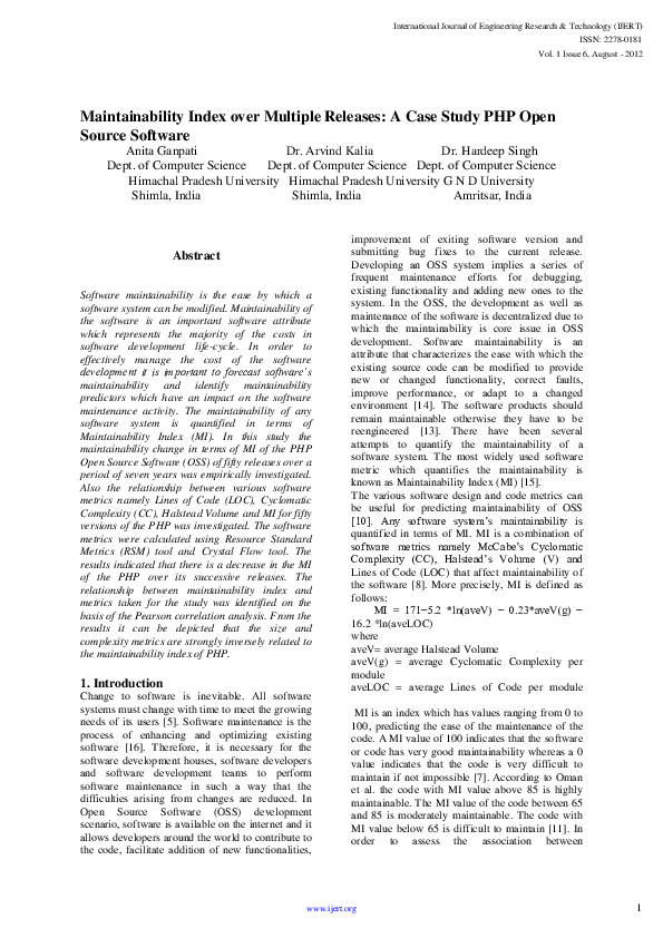 (PDF) IJERT-Maintainability Index over Multiple Releases: A Case Study PHP Open Source Software