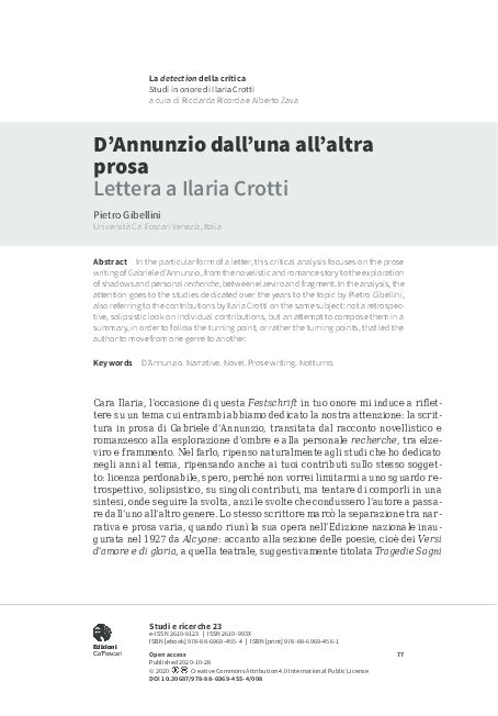 (PDF) P. Gibellini, D'Annunzio dall'una all'altra prosa, in La ...