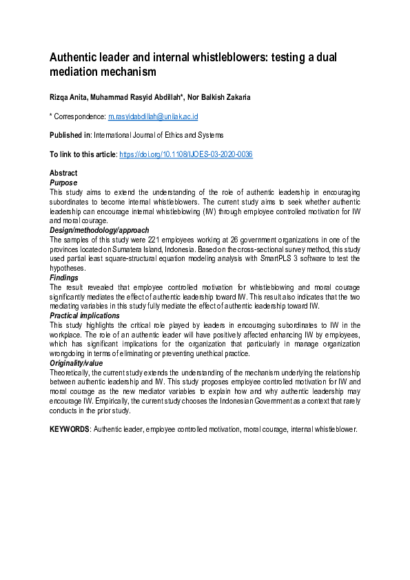 (PDF) Authentic leader and internal whistleblowers: testing a dual ...