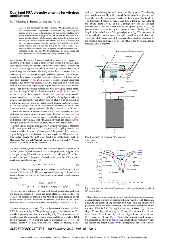 (PDF) Dual-feed PIFA diversity antenna for wireless applications