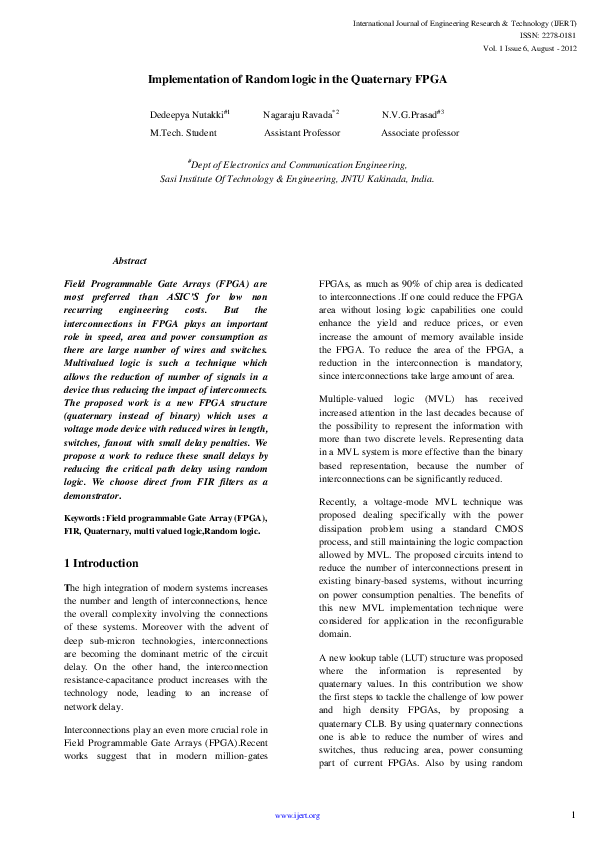 Pdf Ijert Implementation Of Random Logic In The Quaternary Fpga Ijert Journal