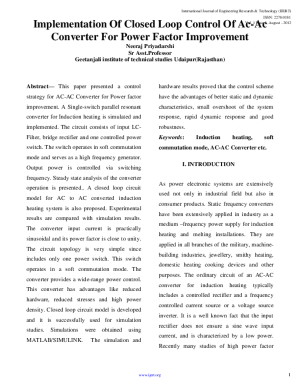 (PDF) IJERT-Implementation Of Closed Loop Control Of Ac-Ac Converter For Power Factor Improvement