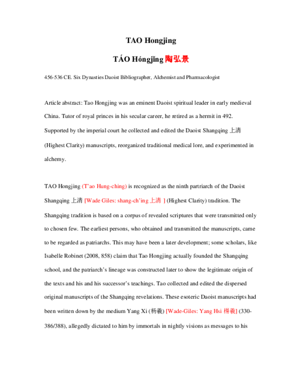 (PDF) “Tao Hongjing.” Berkshire Dictionary of Chinese Biography, 4 vols ...
