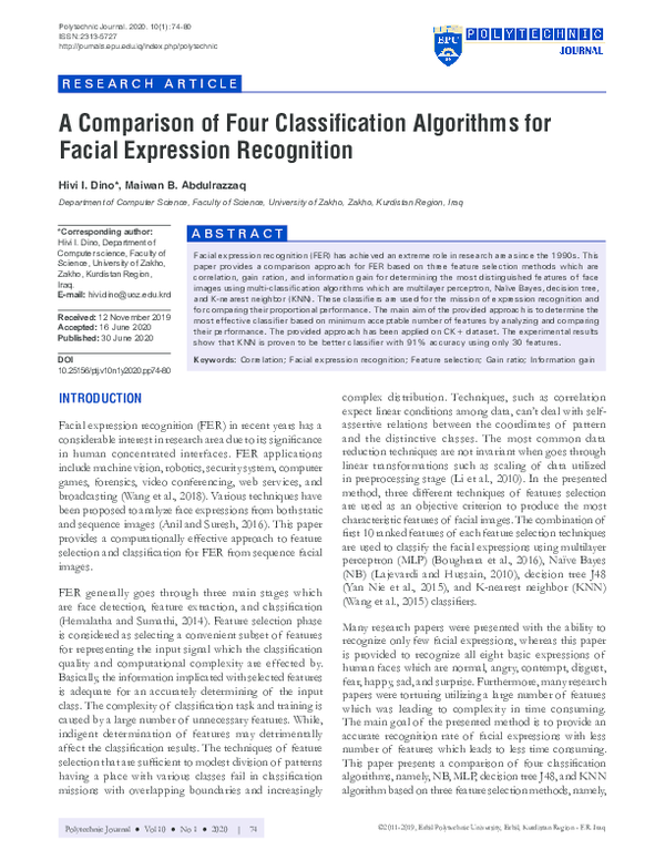 Pdf A Comparison Of Four Classification Algorithms For Facial Expression Recognition