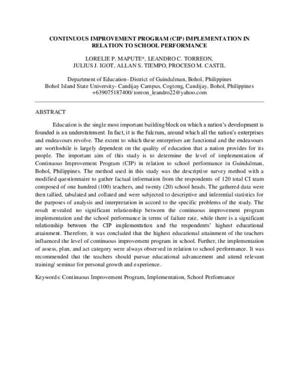 (PDF) CONTINUOUS IMPROVEMENT PROGRAM (CIP) IMPLEMENTATION IN RELATION ...