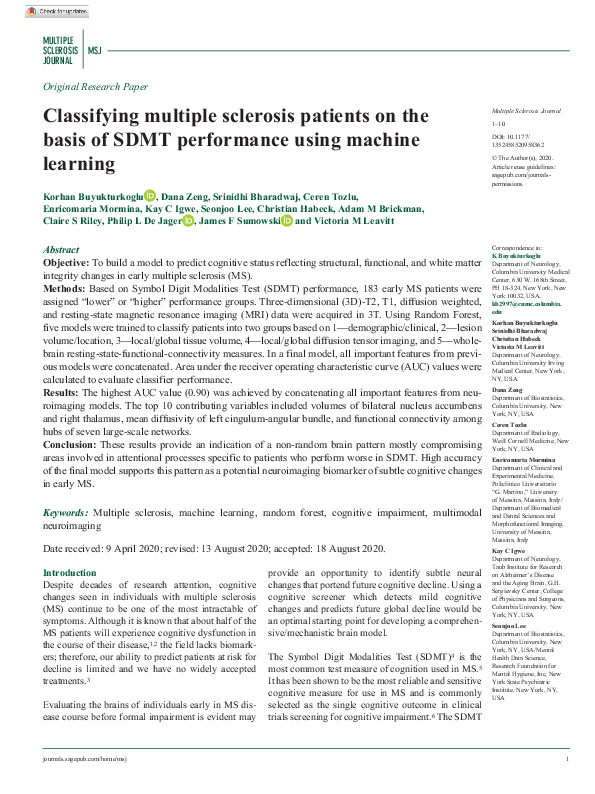 (PDF) Classifying multiple sclerosis patients on the basis of SDMT ...