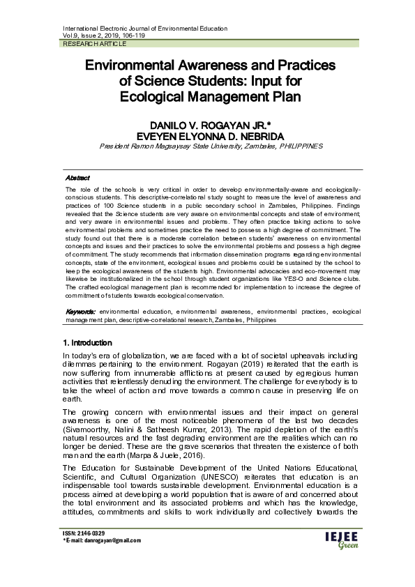 (PDF) Environmental Awareness and Practices of Science Students: Input ...