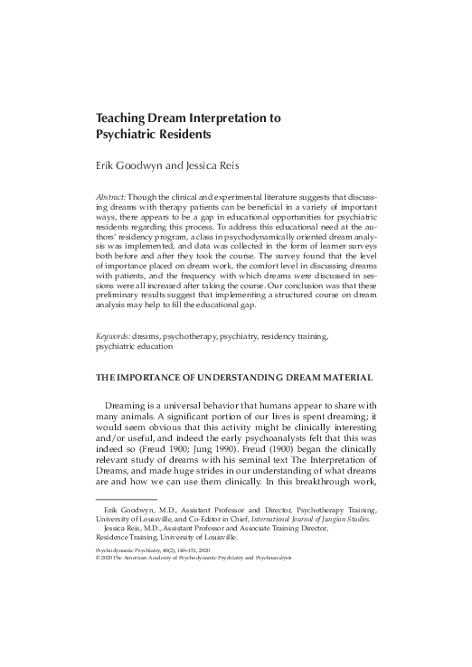 (PDF) Teaching Dream Interpretation to Psychiatric Residents