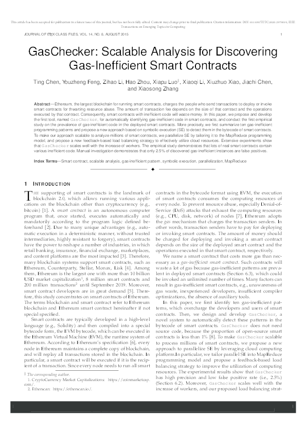 (PDF) GasChecker: Scalable Analysis for Discovering Gas-Inefficient Smart Contracts