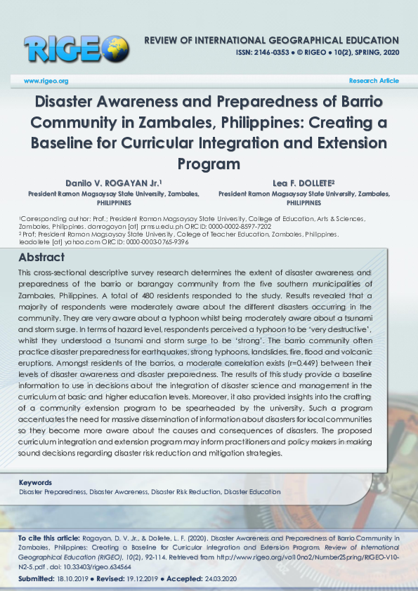 (PDF) Disaster Awareness and Preparedness of Barrio Community in Zambales, Philippines: Creating ...