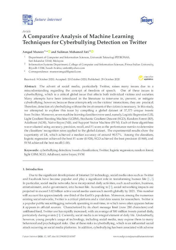 (PDF) A Comparative Analysis of Machine Learning Techniques for Cyberbullying Detection on Twitter