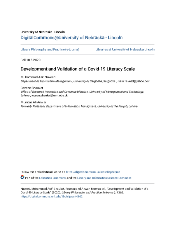 (PDF) Development and Validation of a Covid-19 Literacy Scale