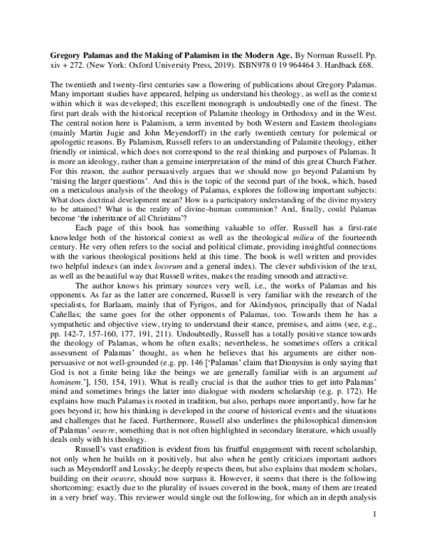 (PDF) Gregory Palamas and the Making of Palamism in the Modern Age. By ...