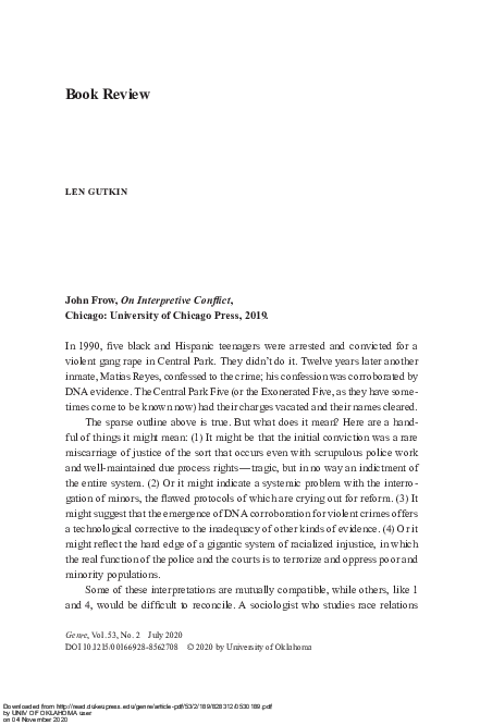 (PDF) Review essay on John Frow, *On Interpretive Conflict*