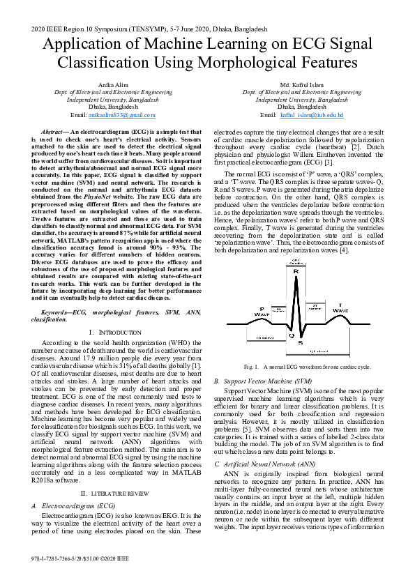 Pdf Application Of Machine Learning On Ecg Signal Classification Using Morphological Features