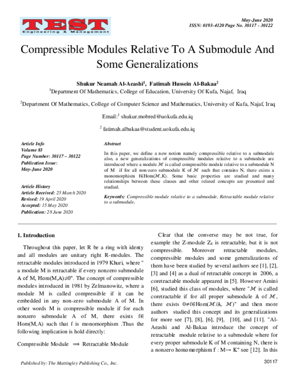 (PDF) Compressible Modules Relative To A Submodule And Some Generalizations