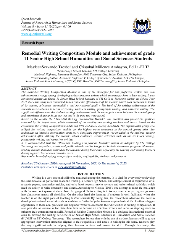 (PDF) Remedial Writing Composition Module and Achievement of Grade 11 ...