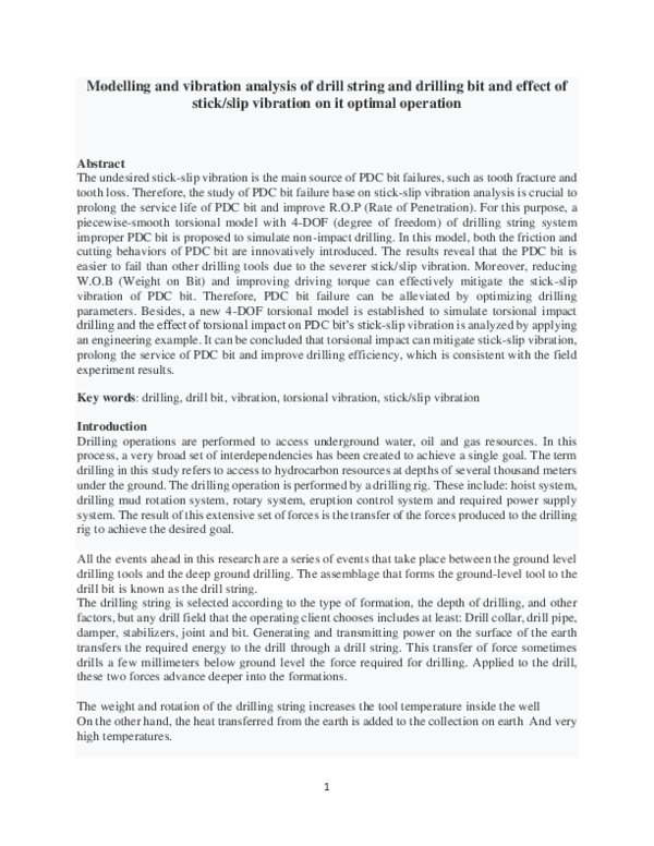(PDF) Modelling and vibration analysis of drill string and drilling bit and effect of stick/slip ...