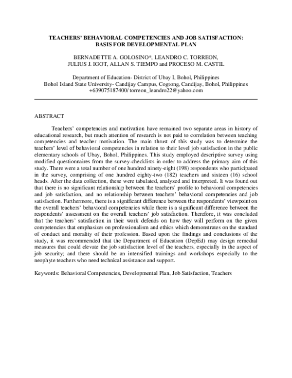 (PDF) TEACHERS' BEHAVIORAL COMPETENCIES AND JOB SATISFACTION