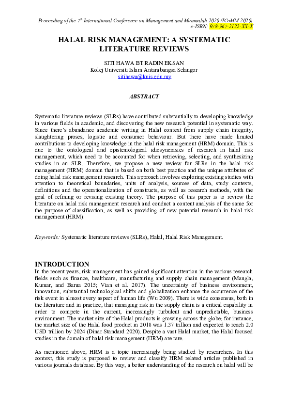 (DOC) HALAL RISK MANAGEMENT: A SYSTEMATIC LITERATURE REVIEWS