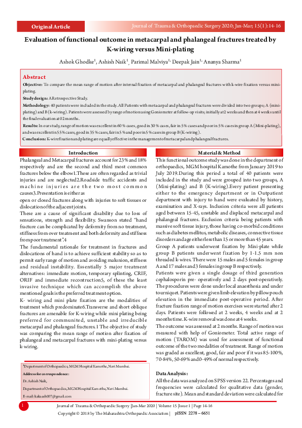 Pdf Evaluation Of Functional Outcome In Metacarpal And Phalangeal Fractures Treated By K