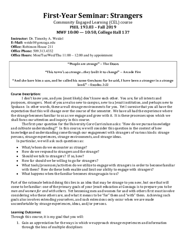 (PDF) First Year Seminar: "Strangers"