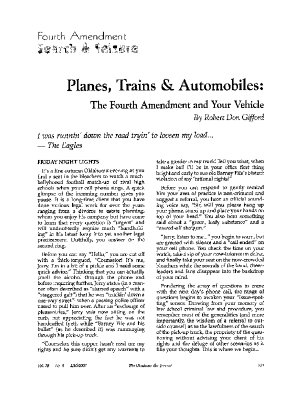 (PDF) Planes, Trains, & Automobiles: The Fourth Amendment and Your Vehicle