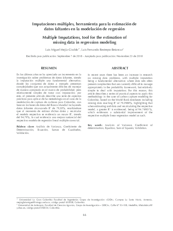 (PDF) Multiple Imputations, tool for the estimation of missing data in regression modeling